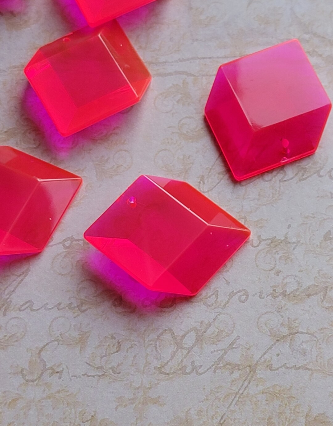2 Vintage Pink Lucite Dimensional Cube Pendants Translucent Bright 70s ...