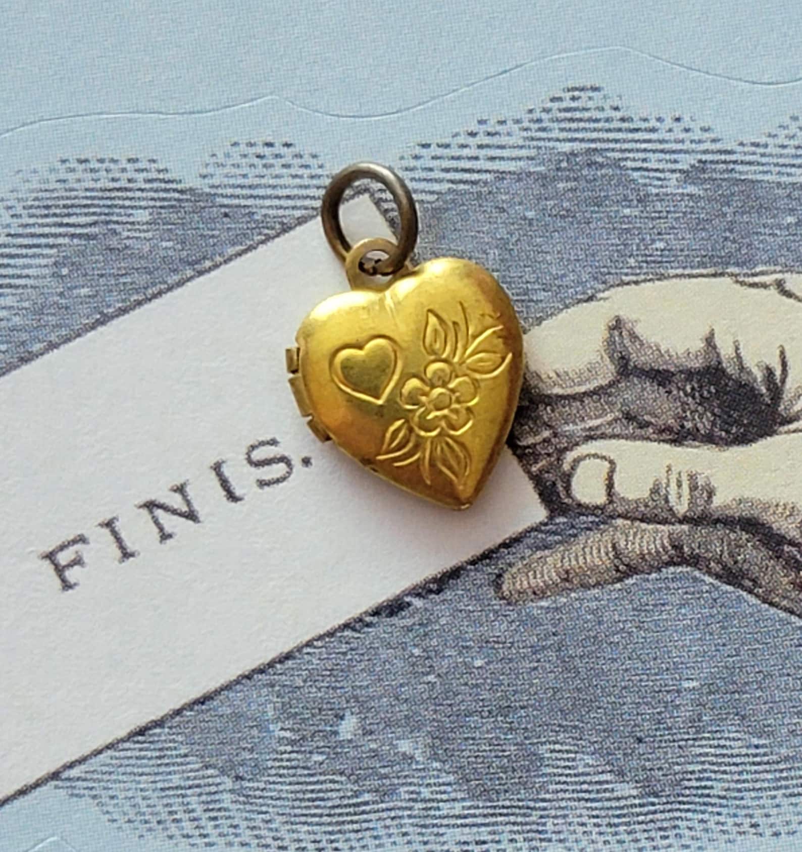 Vintage Tiny Brass Locket Miniature Heart Flower Locket Charm 12mm ...