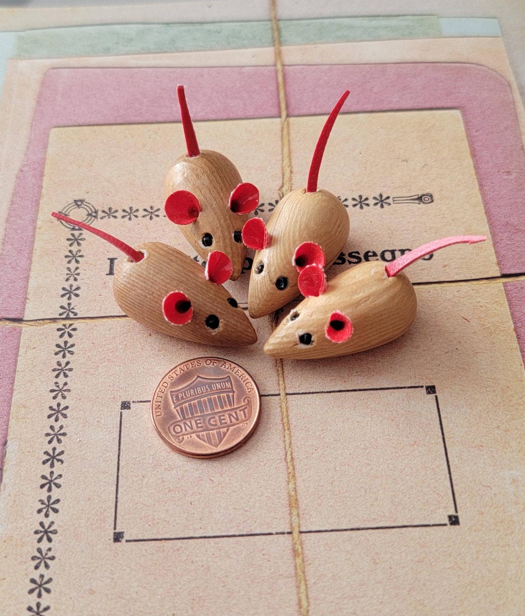 4 Vintage Miniature Wooden Mice Red Vinyl Ears Tail Wood Mouse Minis - Etsy