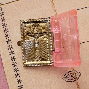 Vintage Mini Religious Book Container Pink Plastic Metal Case Reliquary ...