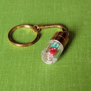 Vintage Mini Dice in Capsule Keychain Three Tiny Dice in Plastic Brass ...