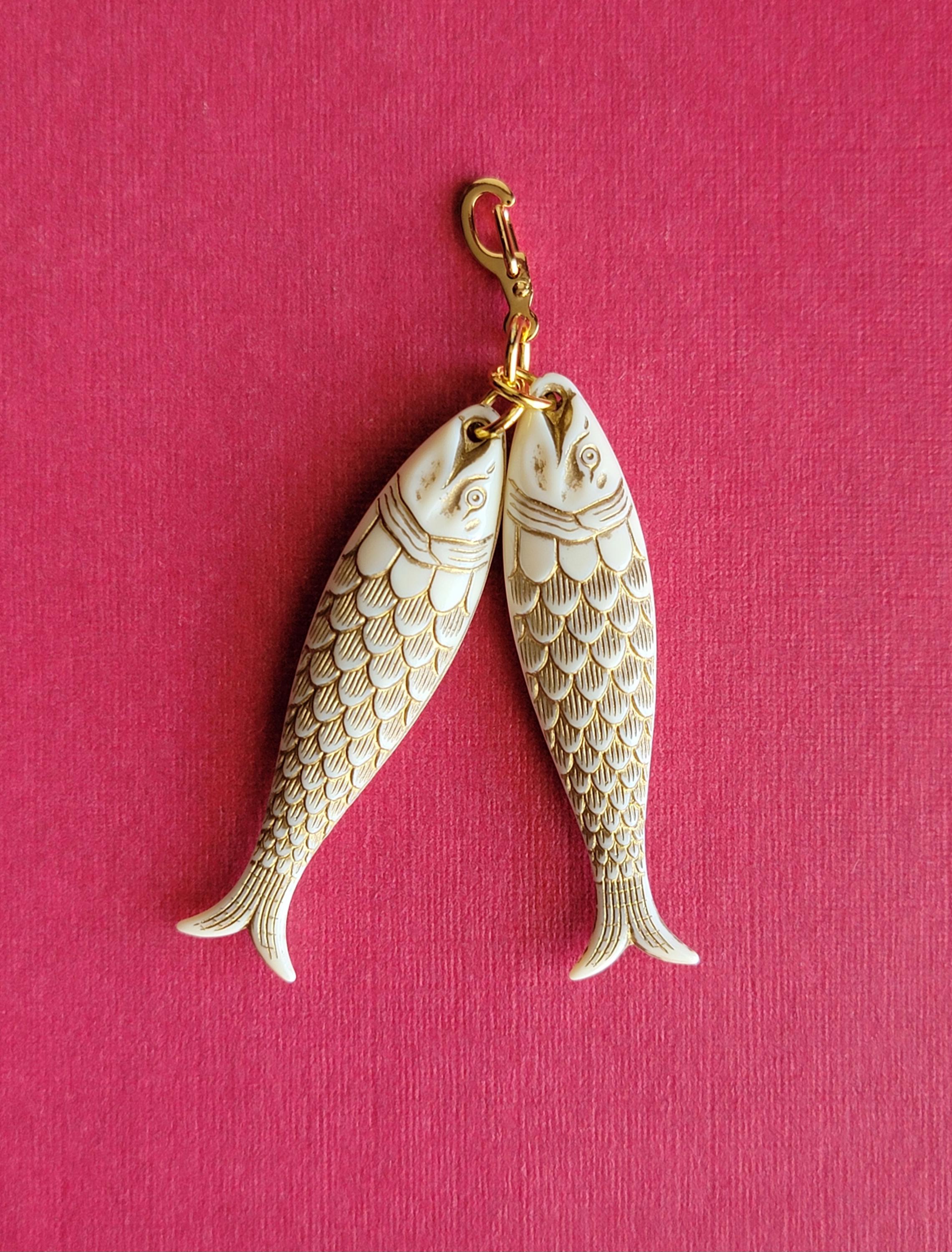 Lucite Fish Charms on Miniature Gold Plated Carabiner Clip Cream Gold ...