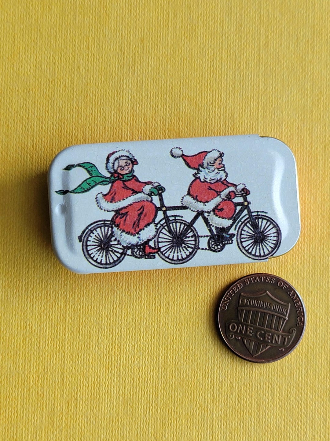 Vintage Potpourri Press Mini Slide Tin Mr Mrs Claus Tandem Bicycle 80s ...