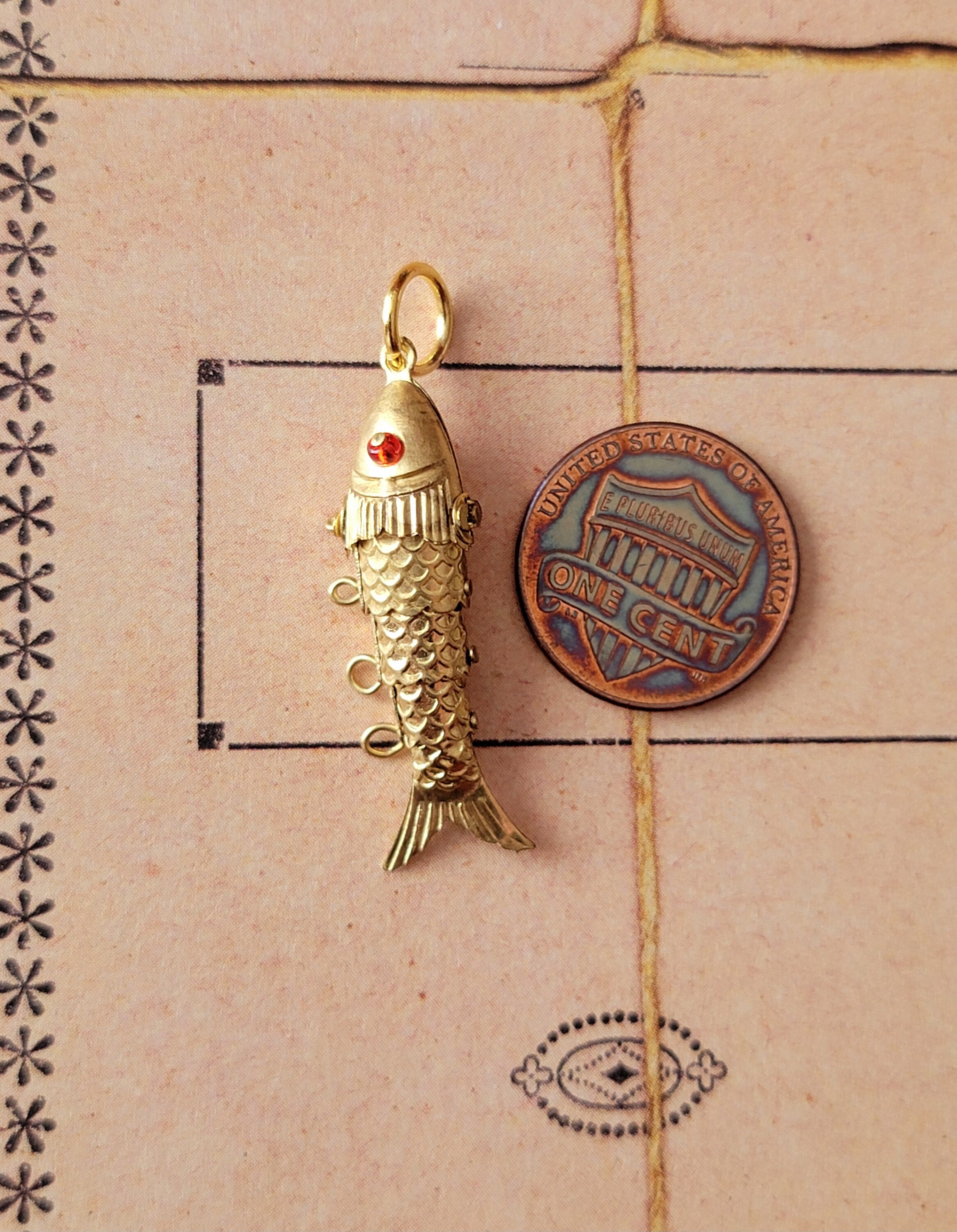 Vintage Brass Articulated Fish Charm With Beaded Eyes Tiny Jointed Fish ...