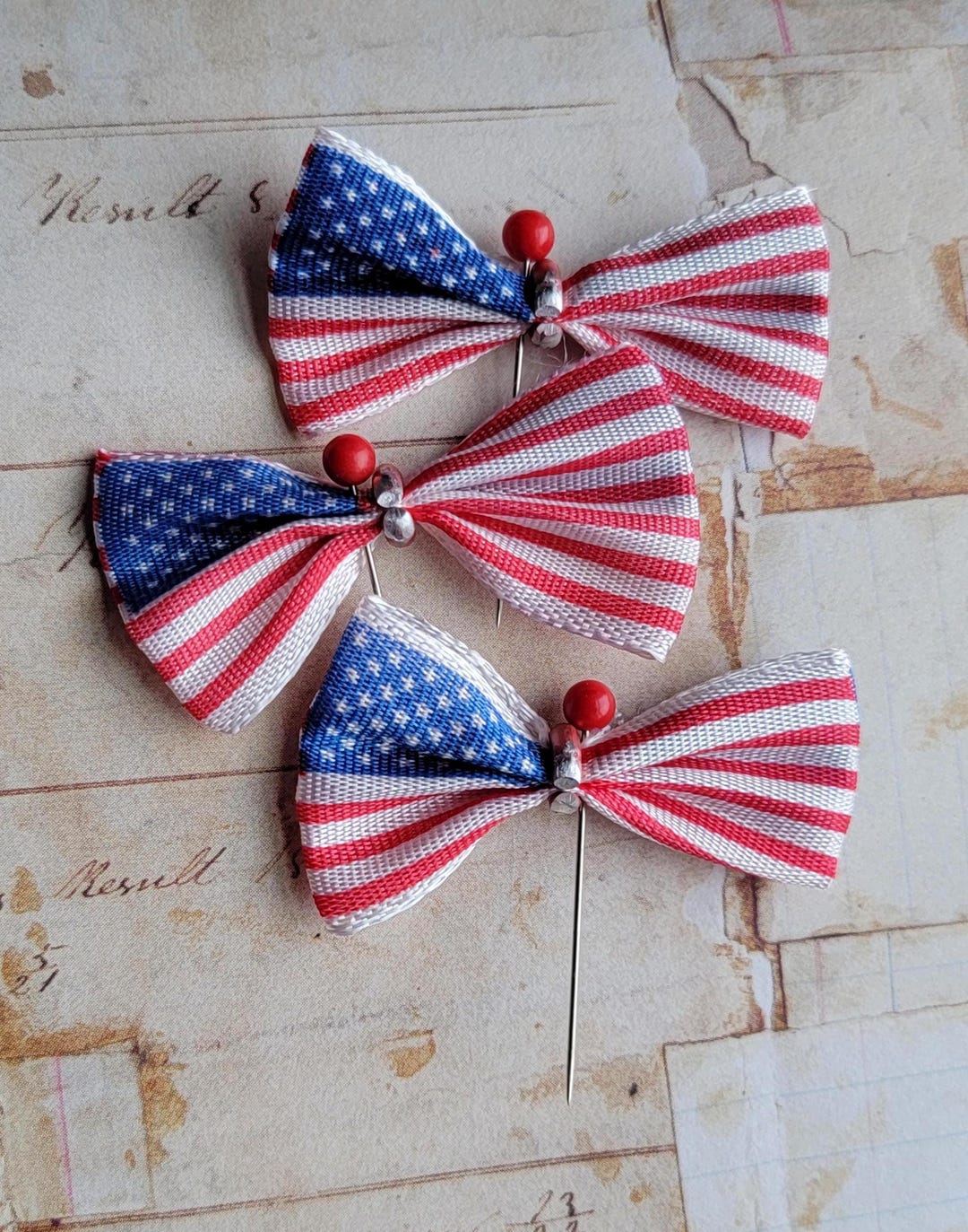 3 Vintage American Flag Bow Pins Fabric Ribbon Bow Stick Pins Patriotic ...