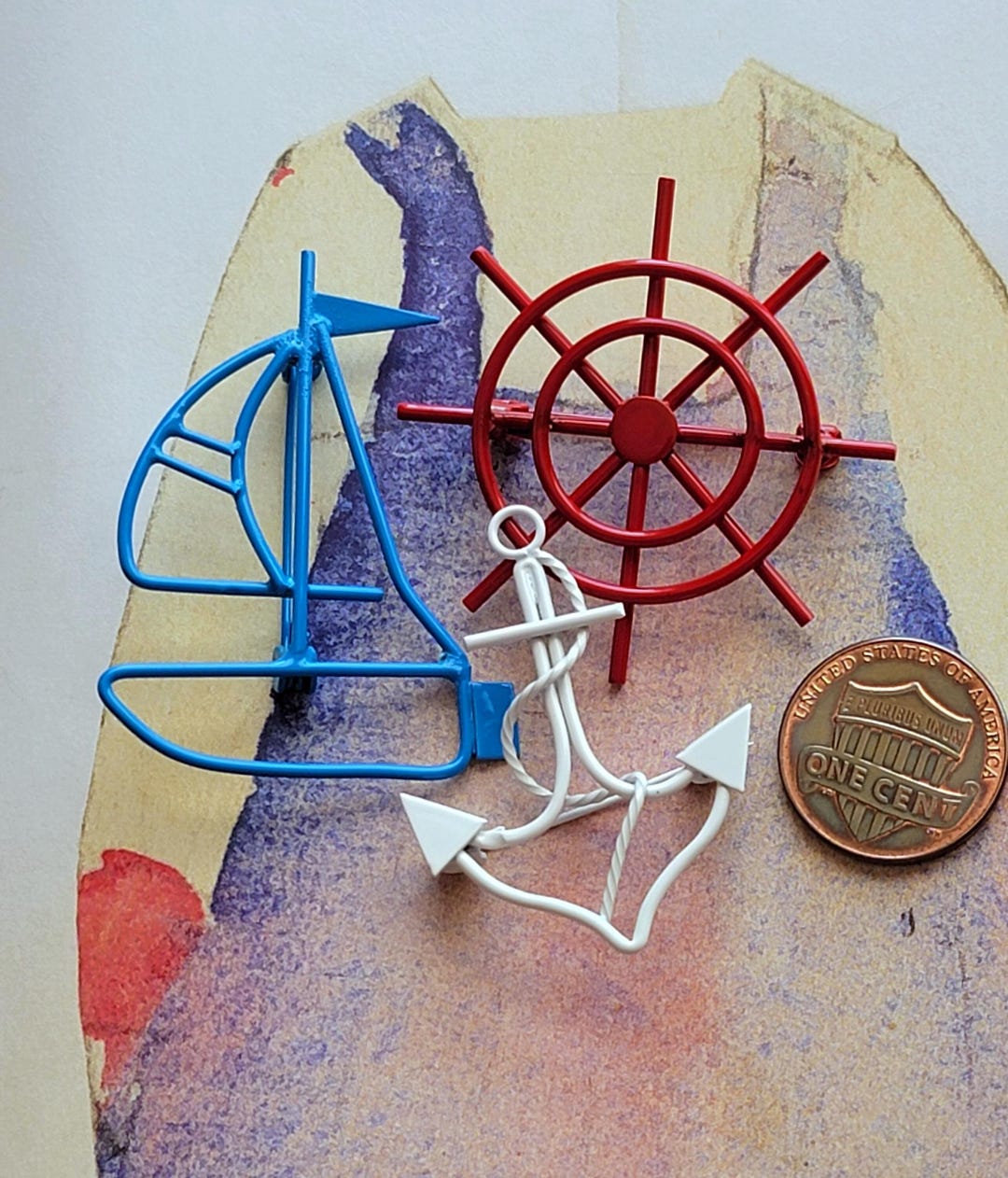 3 Vintage Nautical Pins Metal Anchor Sailboat Helm Red White Blue Beach ...