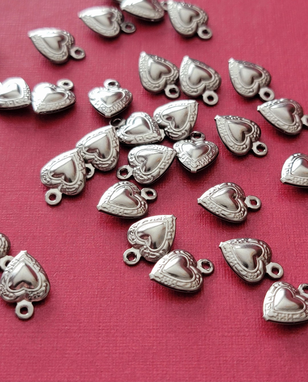 24 Retro Tiny Puffy Heart Charms Stainless Steel Hollow Folded Puffed ...