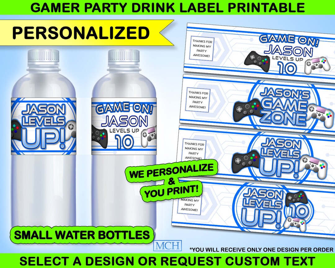 Gamer Party Drink Water Bottle Wrapper Labels Personalized Custom Video ...