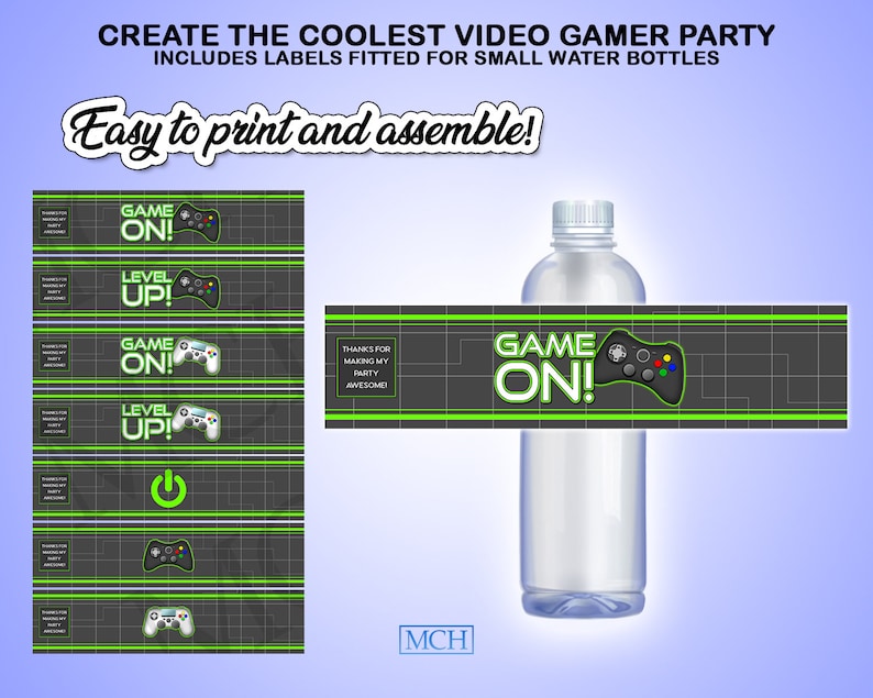 Gamer Party Drink Water Bottle Wrapper Labels Video Game Party Gaming ...