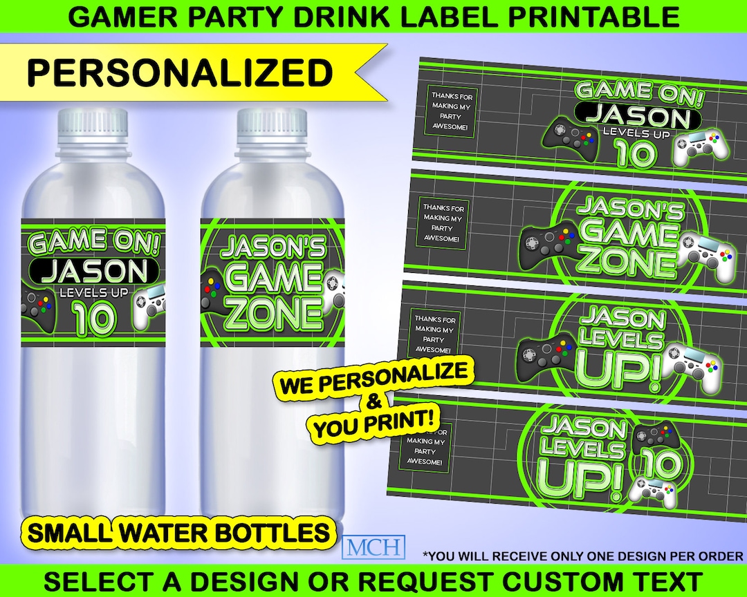 Gamer Party Drink Water Bottle Wrapper Labels Personalized Custom Video ...