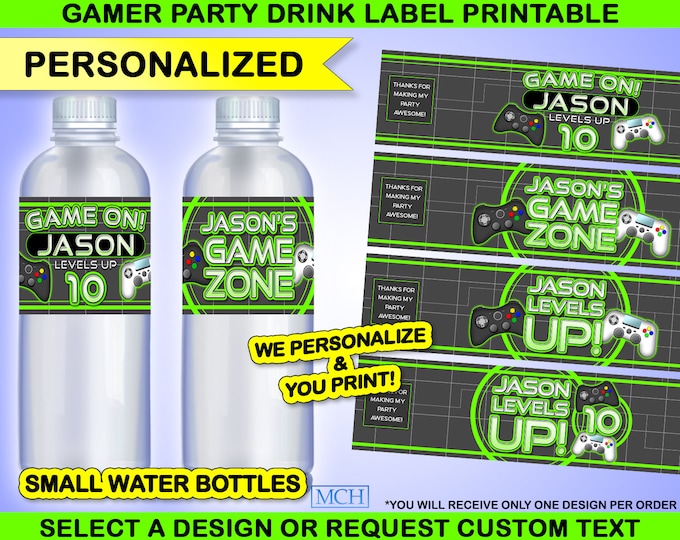 Gamer Party Drink Water Bottle Wrapper Labels Personalized Custom Video ...