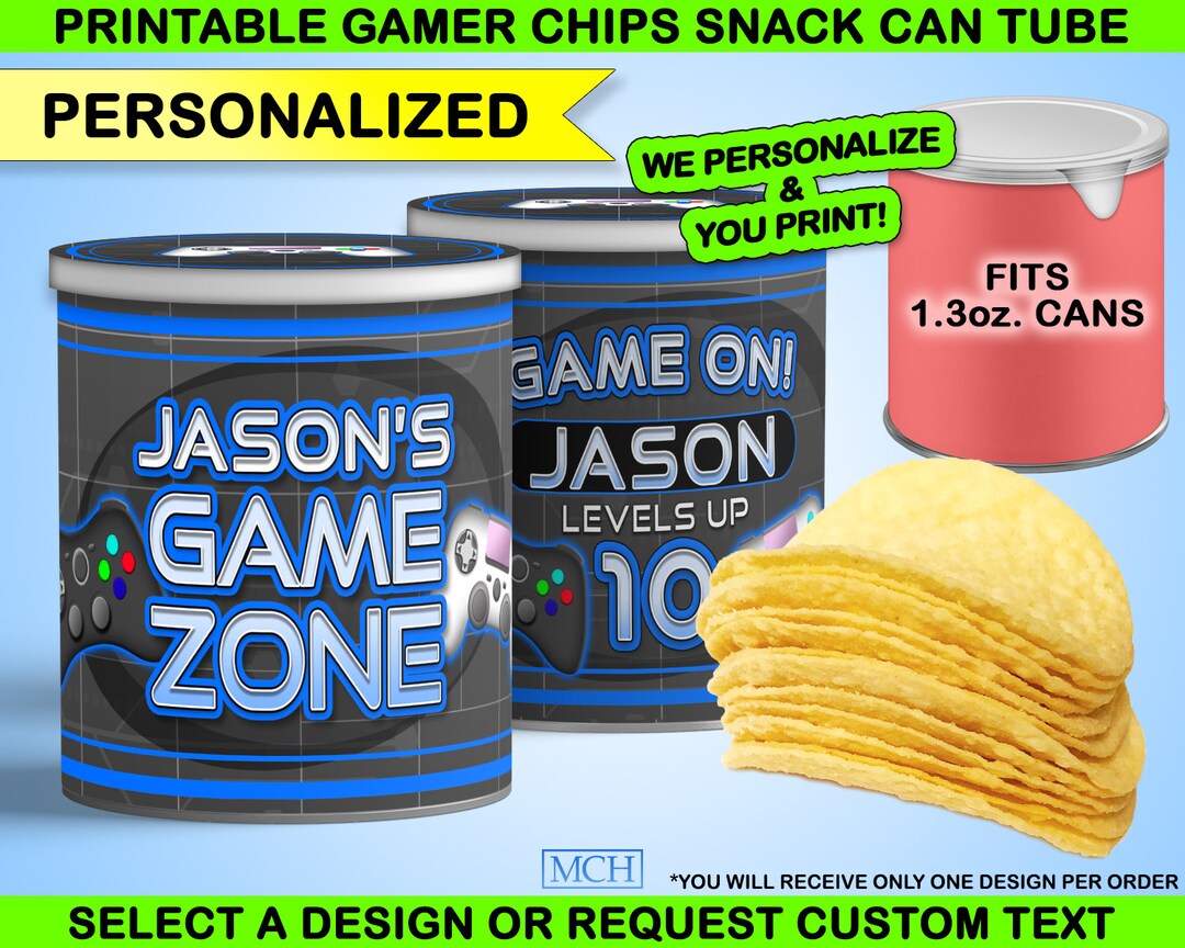 Gamer Party Chips 1.3 Oz Snack Can Labels & Wrap Personalized Custom ...