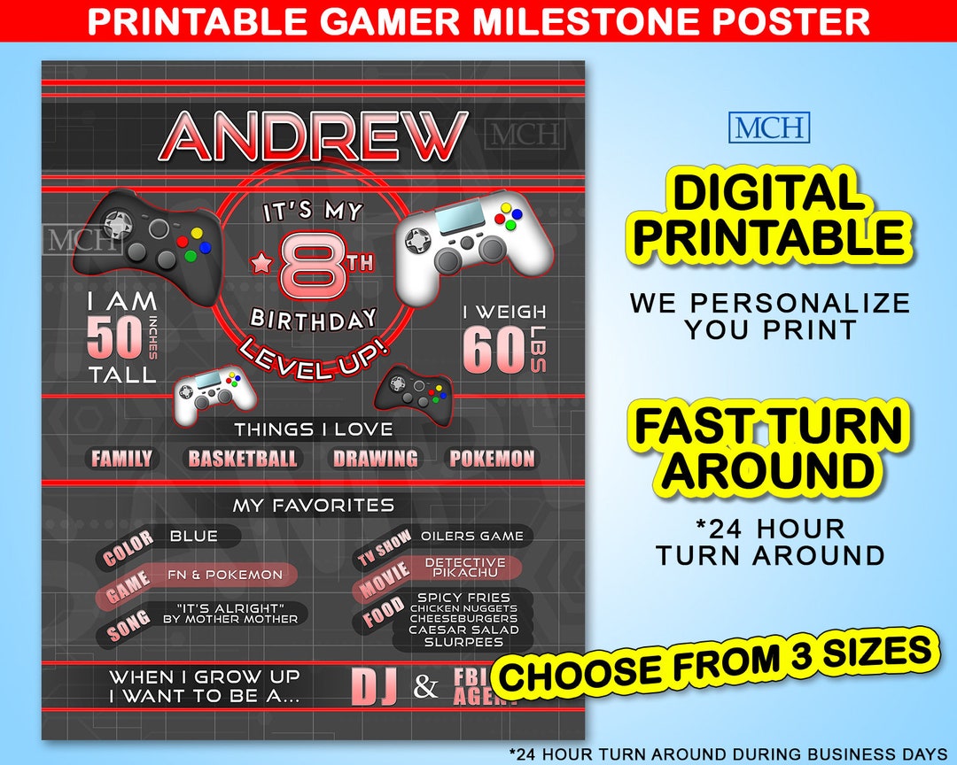 Gamer Milestone Poster, Personalized Video Game Party Gaming Birthday ...