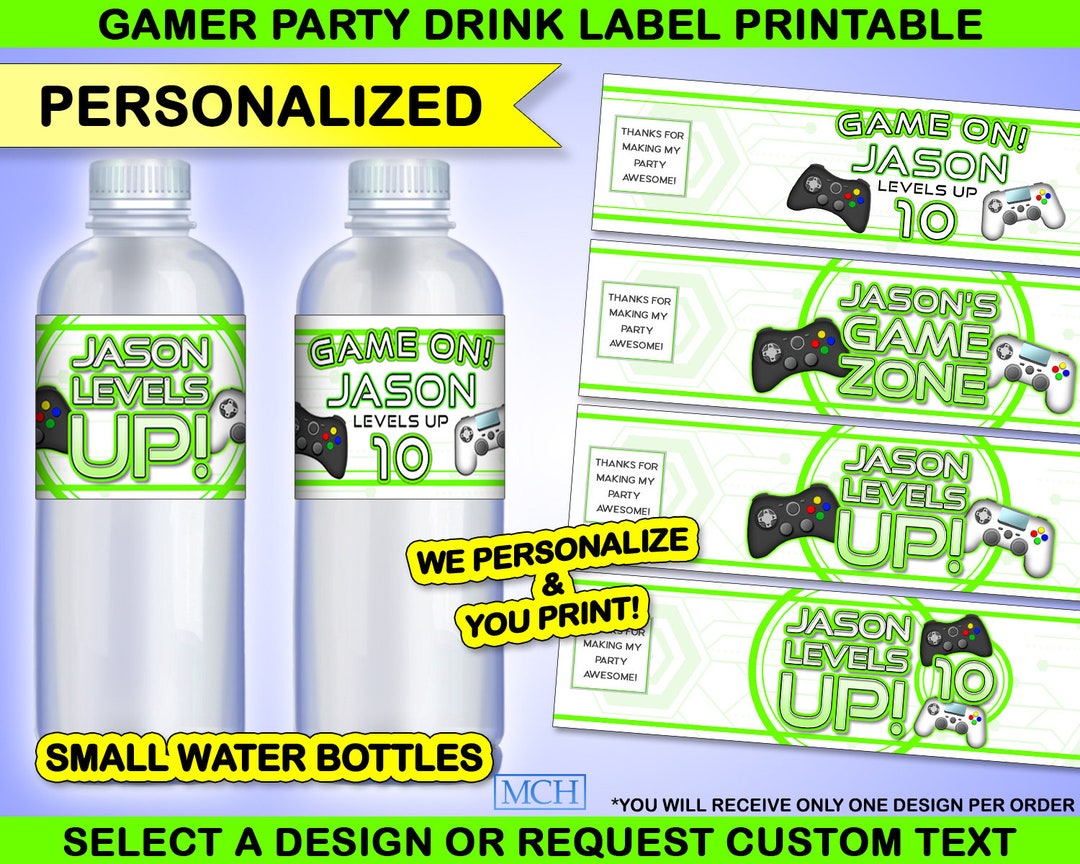 Gamer Party Drink Water Bottle Wrapper Labels Personalized Custom Video ...
