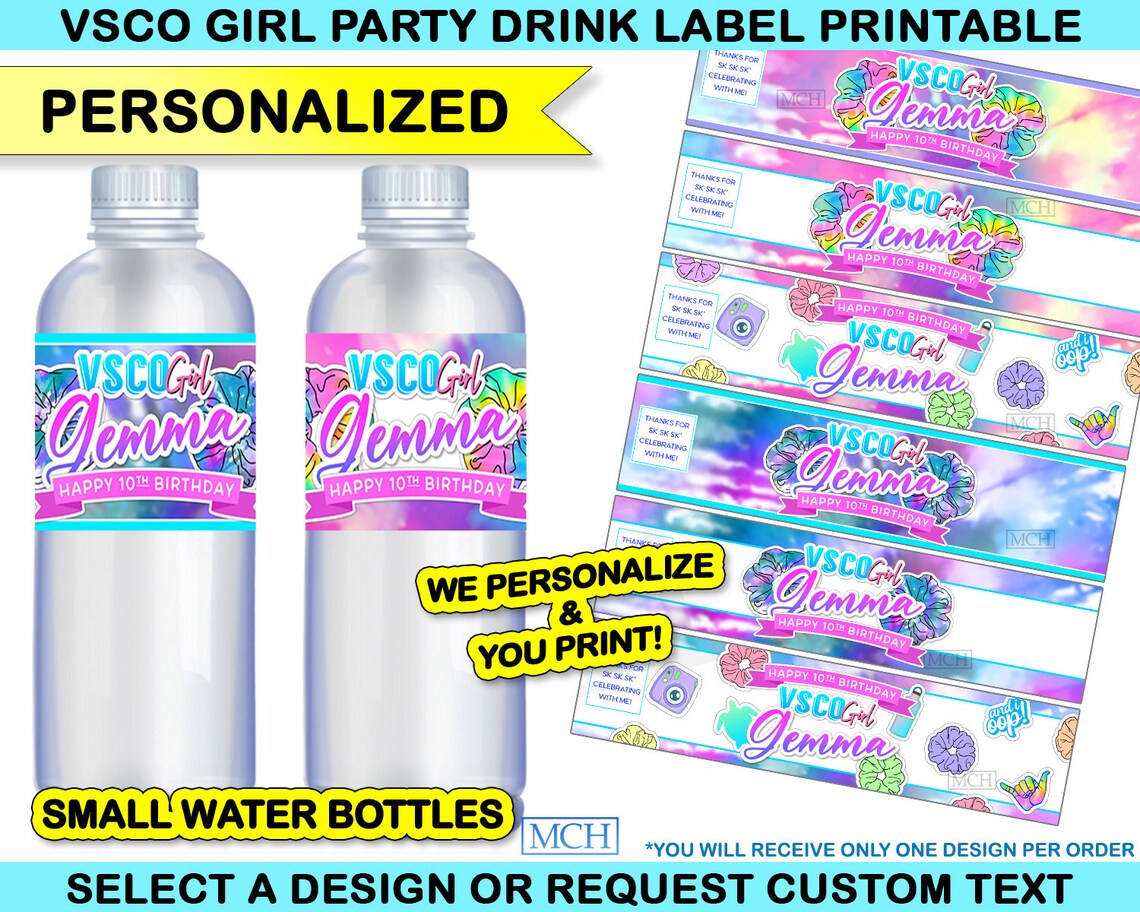 VSCO Girl Party Water Bottle Wrapper Labels Personalized | Etsy
