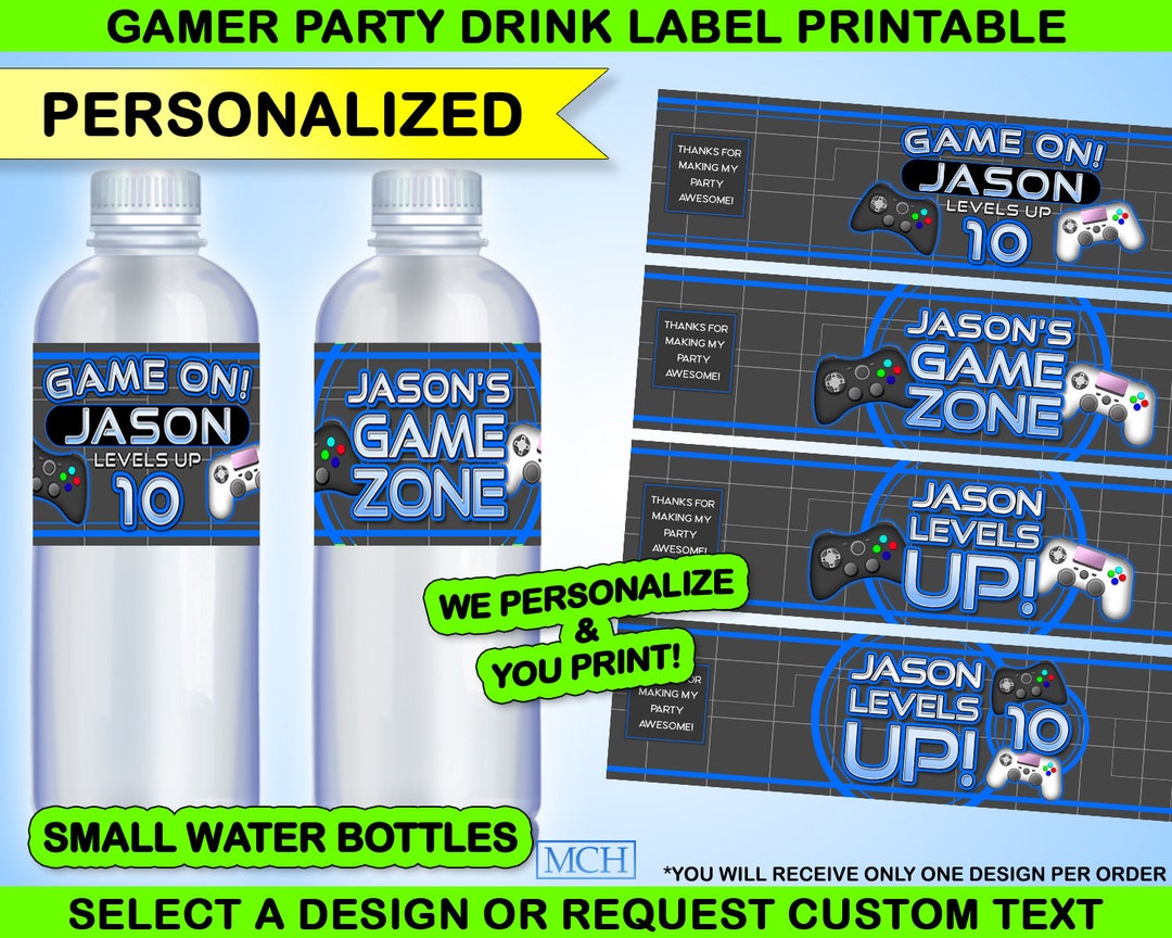 Gamer Party Drink Water Bottle Wrapper Labels Personalized Custom Video ...