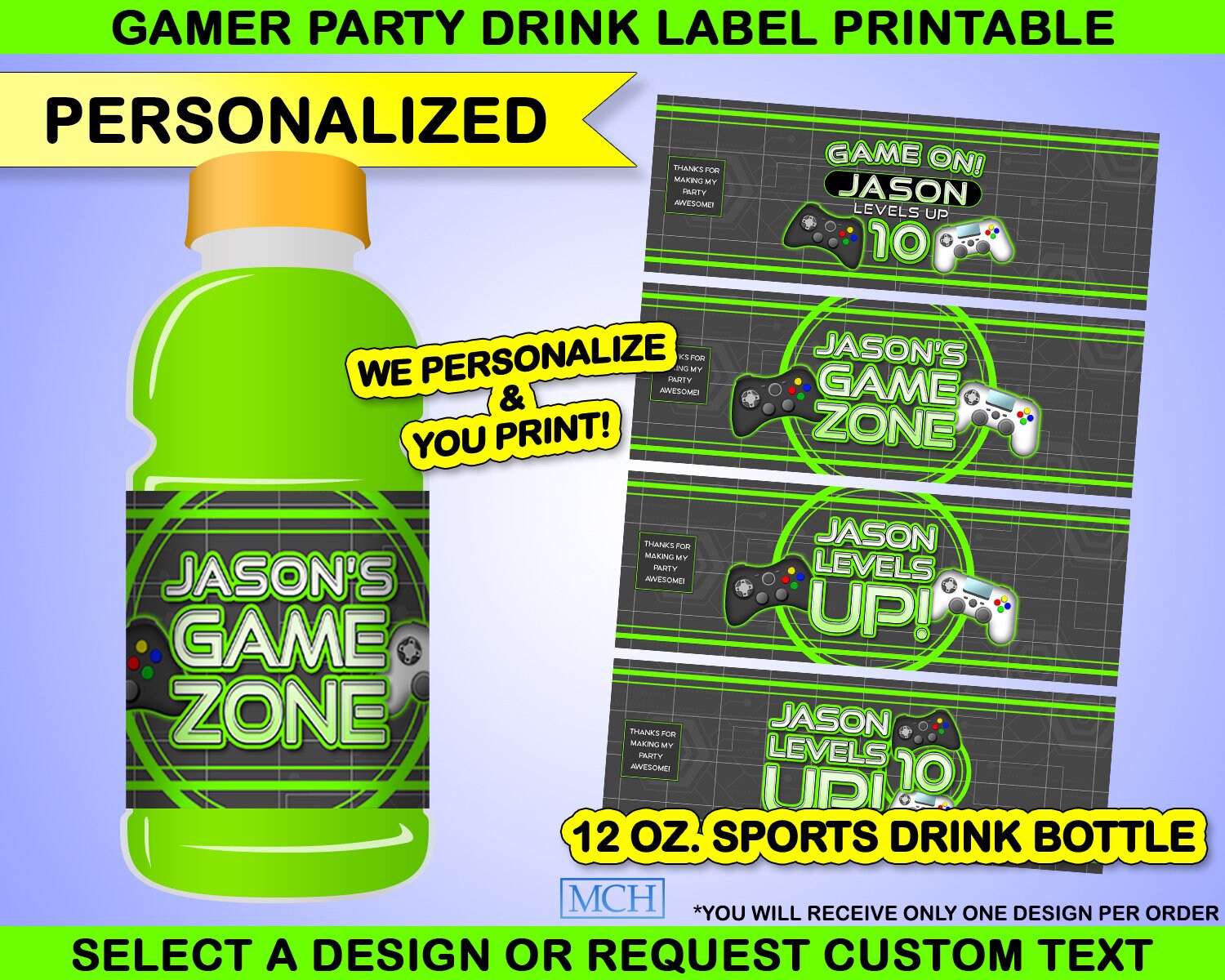 Gamer Party Drink 12 Oz Sports Bottles Wrapper Labels Personalized ...