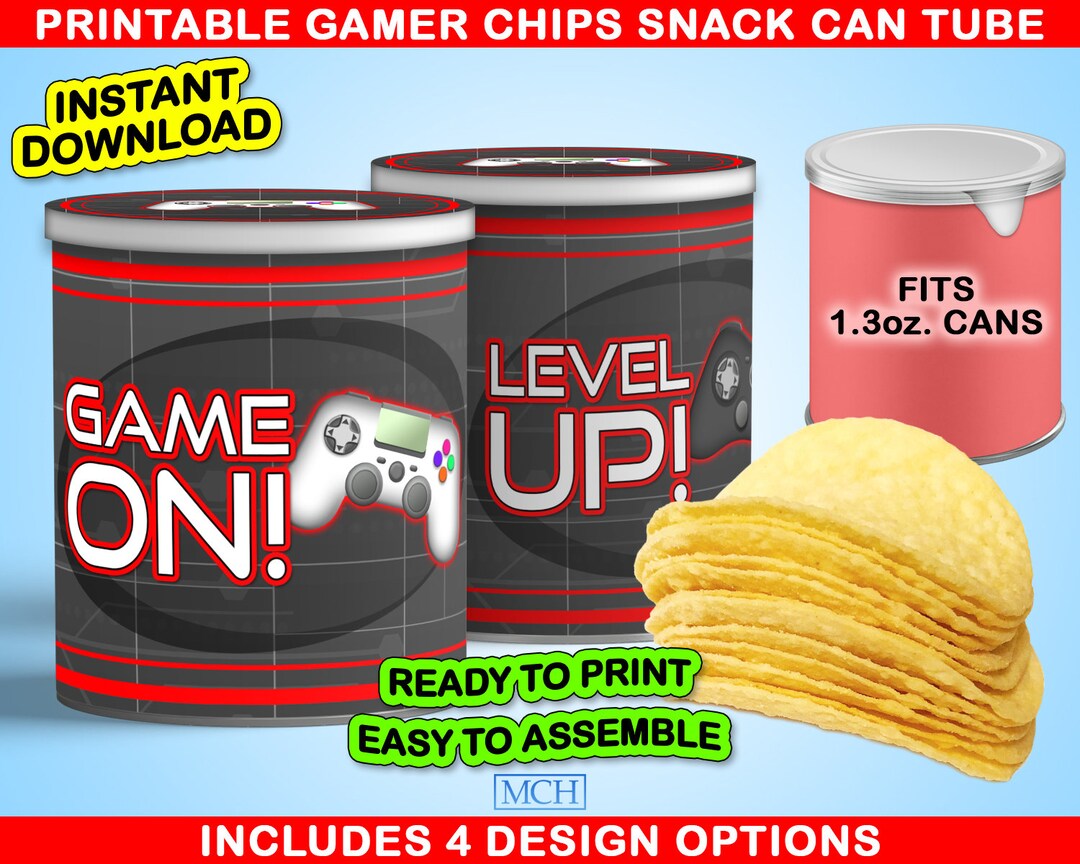 Gamer Party Chips 1.3 Oz Snack Can Labels & Wrap, Video Game Party ...