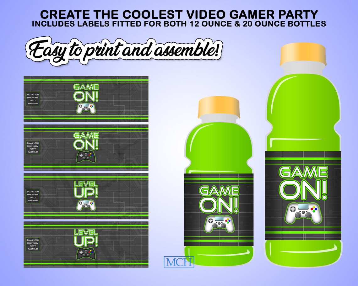 Gamer Party Drink 12 Oz. & 20 Oz. Sports Bottles Wrapper Labels Video ...