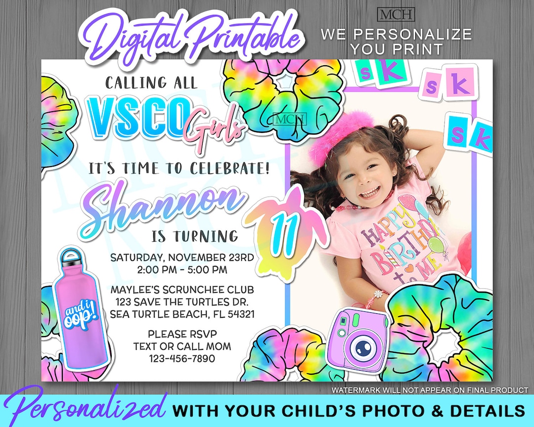 VSCO Girl Invitation Birthday Party With Photo Picture, Personalized ...