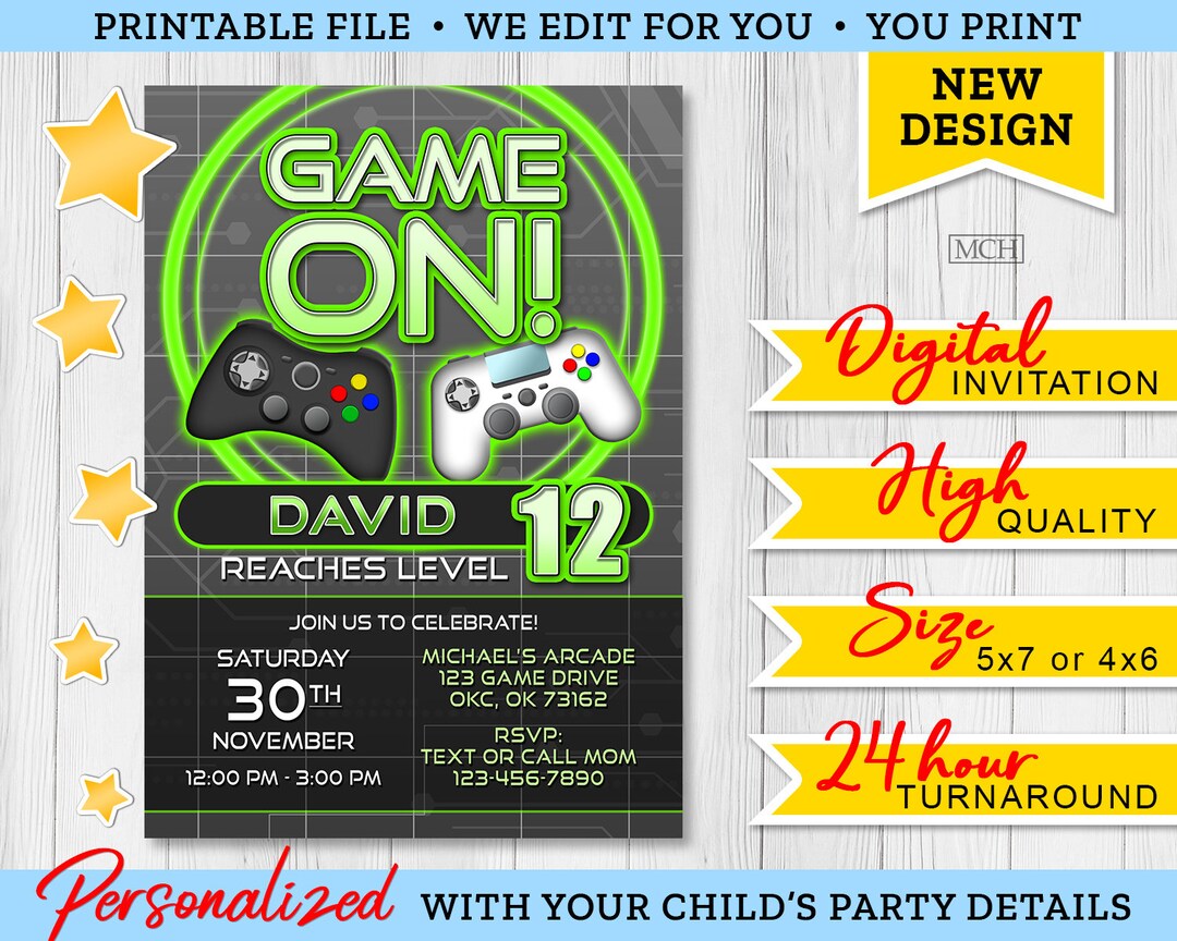 Gamer Party Invitation, Personalized Video Game Party Gaming Birthday ...
