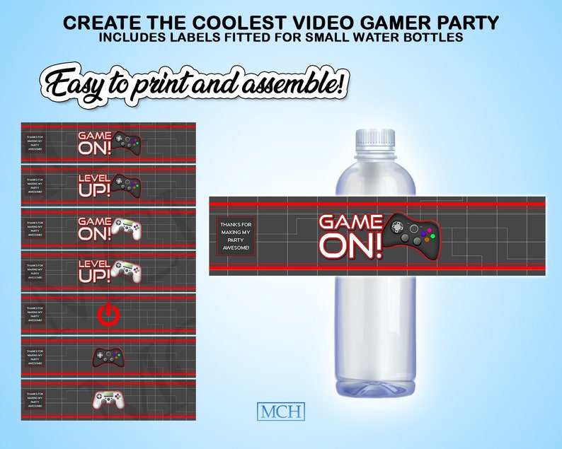 Gamer Party Drink Water Bottle Wrapper Labels, Video Game Party Gaming ...