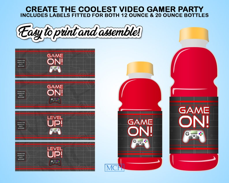 Gamer Party Drink 12 Oz. & 20 Oz. Sports Bottles Wrapper Labels, Video ...