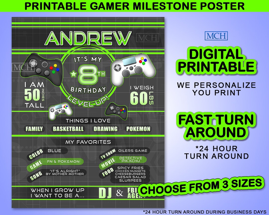 Gamer Milestone Poster, Personalized Video Game Party Gaming Birthday ...