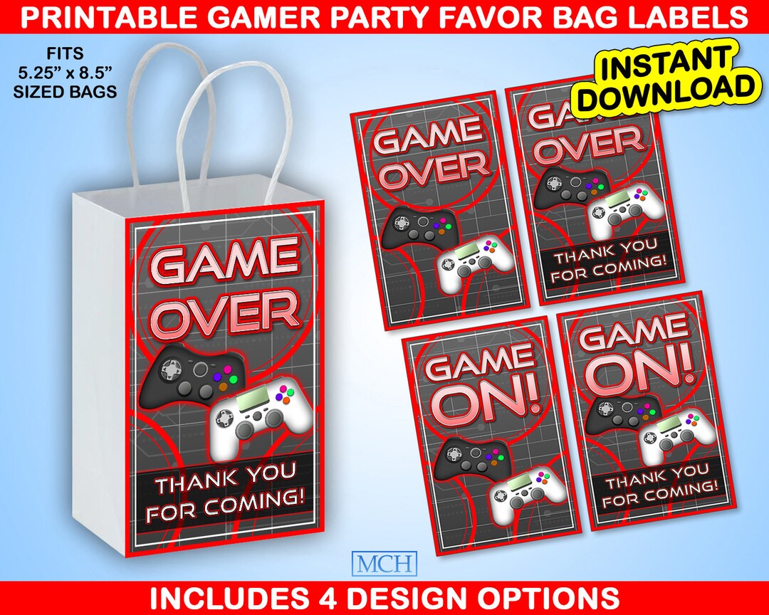 Gamer Party Favor Gift Bag Label Wrap Video Game Party Gaming Birthday ...