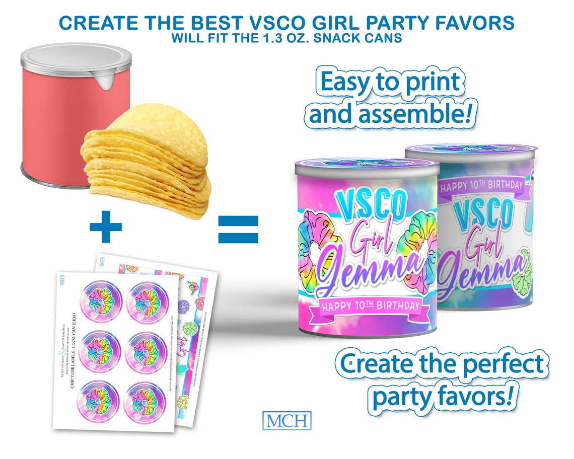 VSCO Girl Party Chips 1.3 Oz Snack Can Labels & Wrap Personalized ...