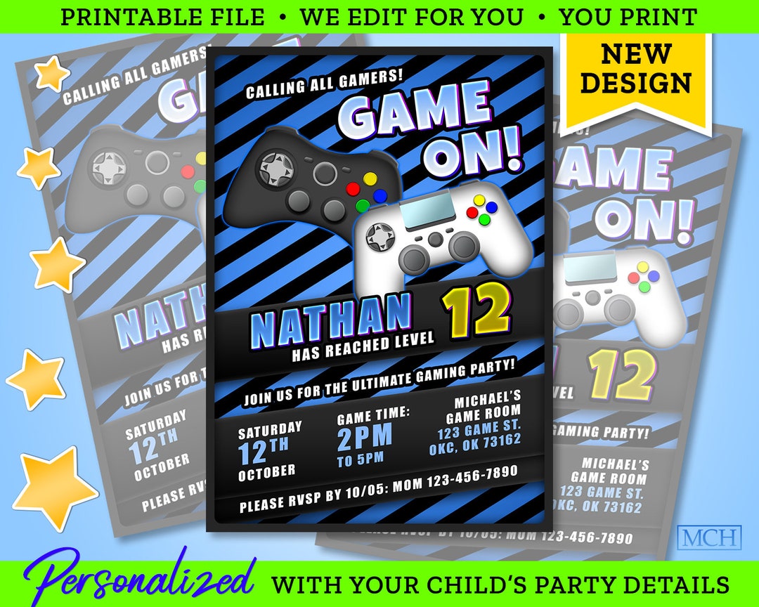 Gamer Party Invitation, Personalized Video Game Party Gaming Birthday ...