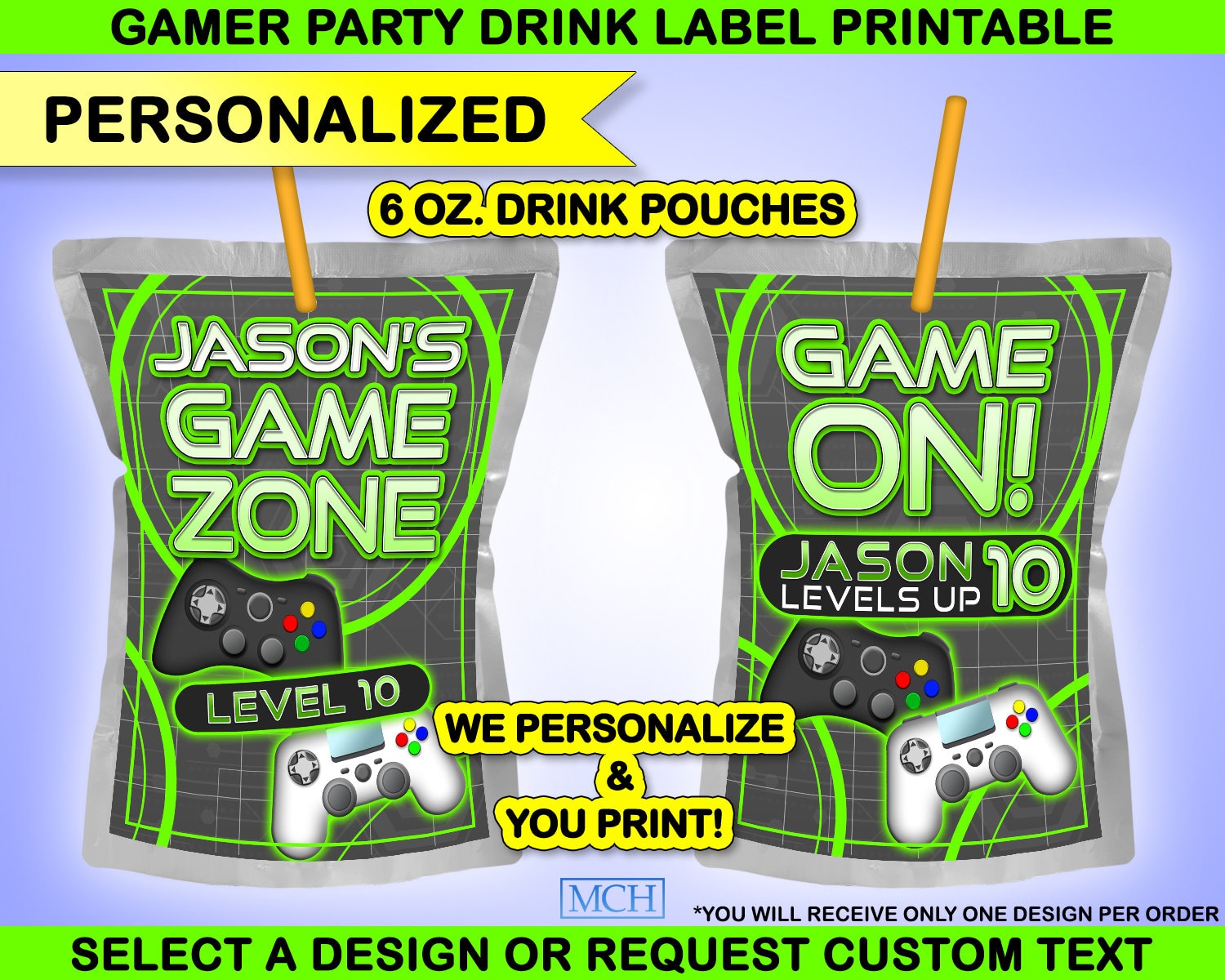 Gamer Party Drink 6 Oz. Juice Pouch Wrapper Labels Personalized Custom ...