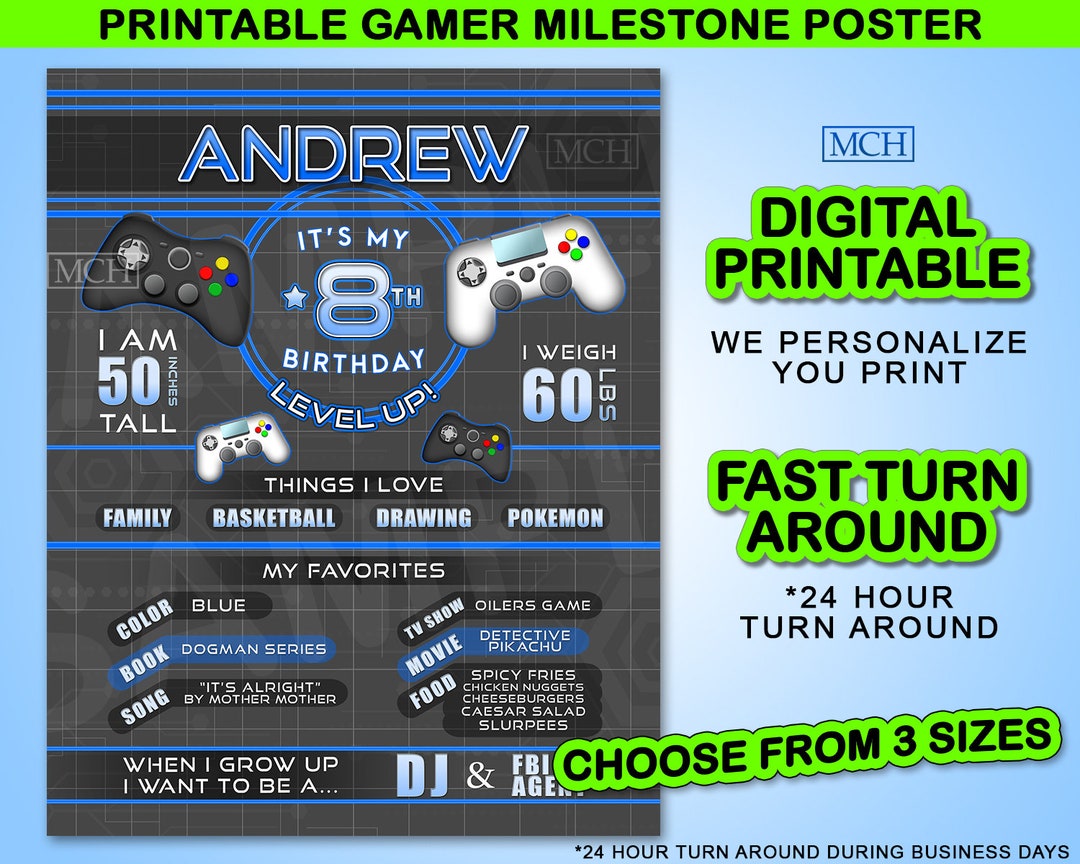 Gamer Milestone Poster, Personalized Video Game Party Gaming Birthday ...
