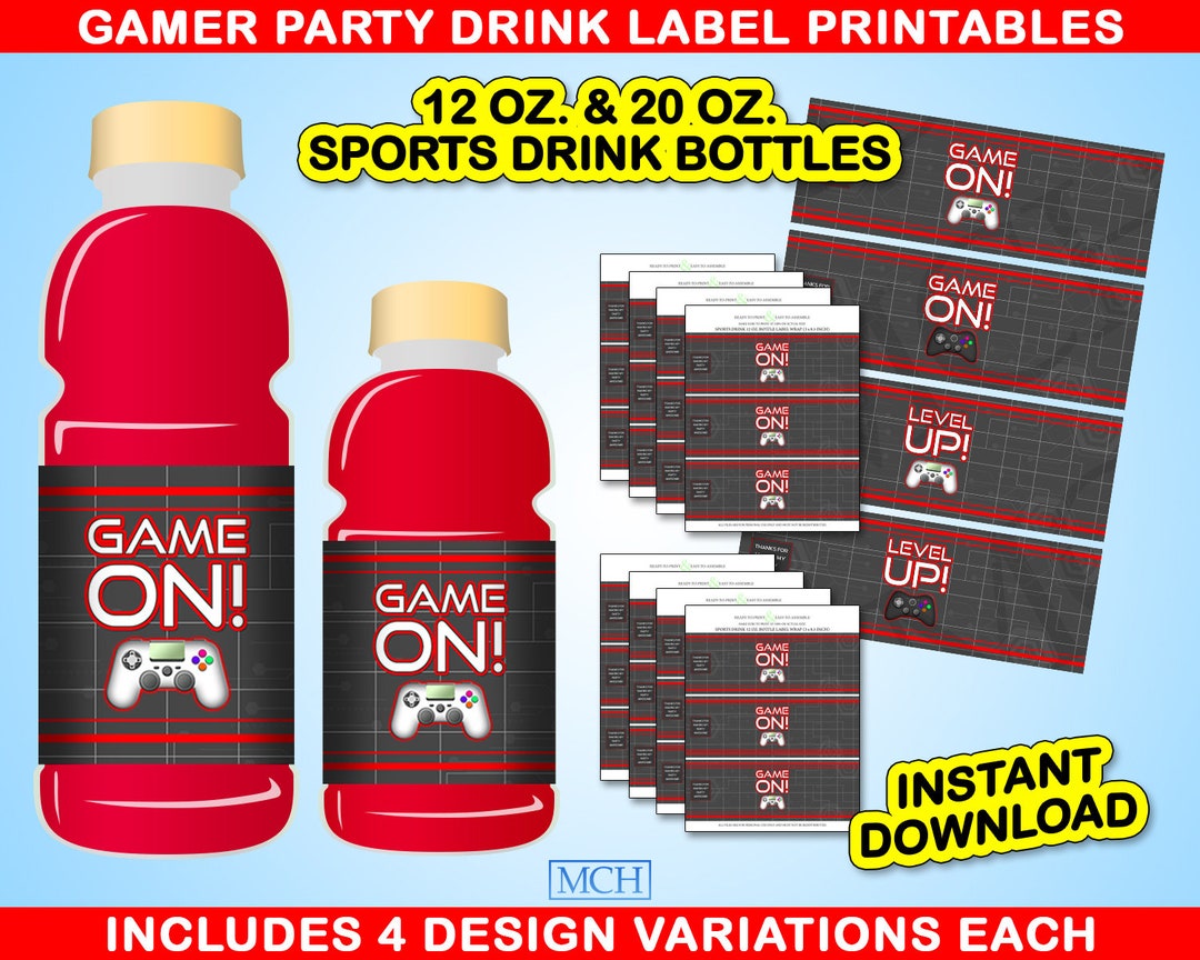 Gamer Party Drink 12 Oz. & 20 Oz. Sports Bottles Wrapper Labels, Video ...