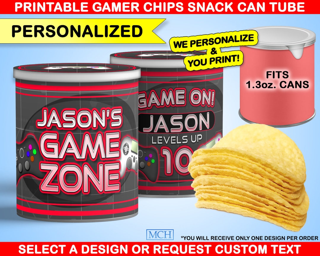 Gamer Party Chips 1.3 Oz Snack Can Labels & Wrap Personalized Custom ...