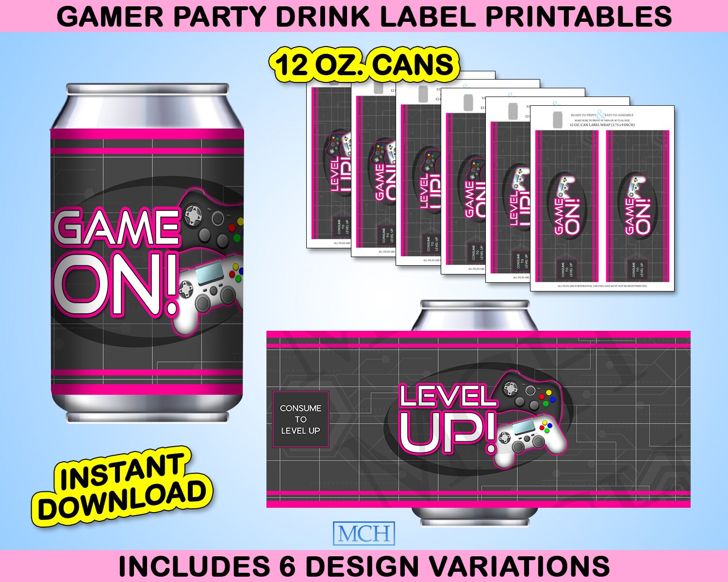 Gamer Party Drink 12 Oz. Can Wrapper Labels, Video Game Party Gaming ...