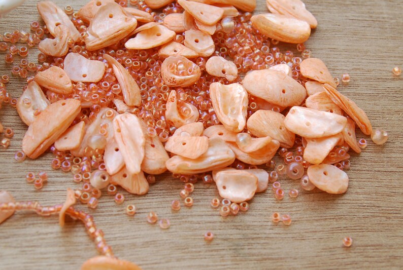Salmon Pearl Shell Chips Drilled With Iridecent Peach Seed Beads Sea ...