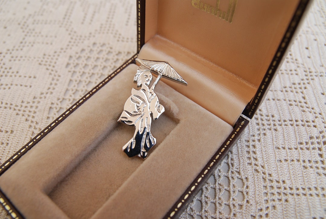 Vintage Geisha Brooch With Umbrella, Shiny Silver Tone Brooch Marked ...