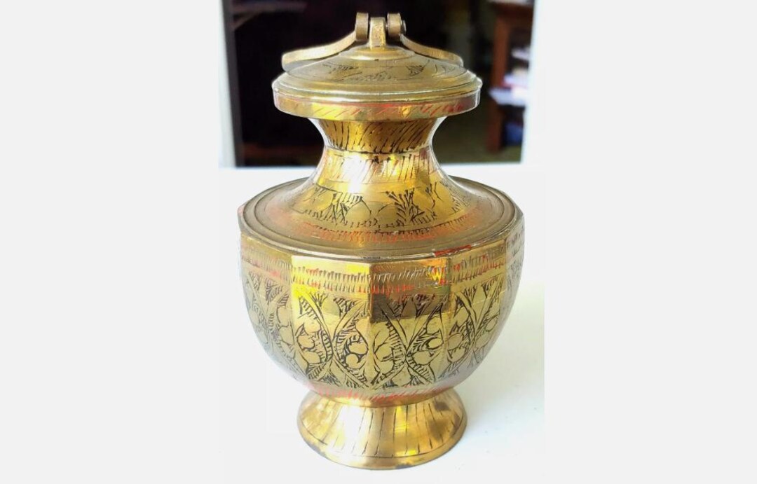 Vintage RARE Brass Hand Etched Painted Indian Hindu Holy Water Pot ...