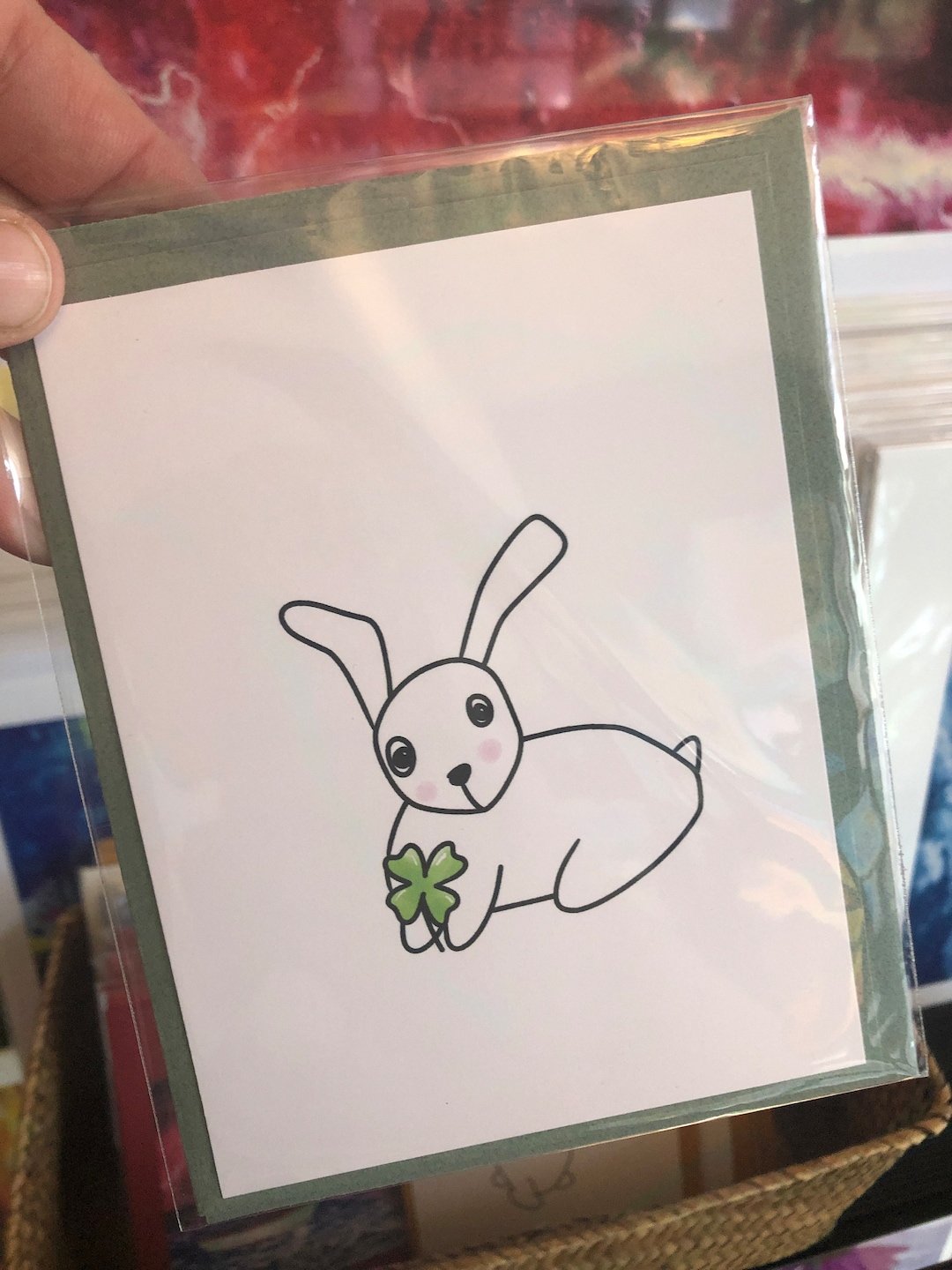 Lucky Bunny Note Cards, White Rabbit Holding Four Leaf Clover, Hand ...