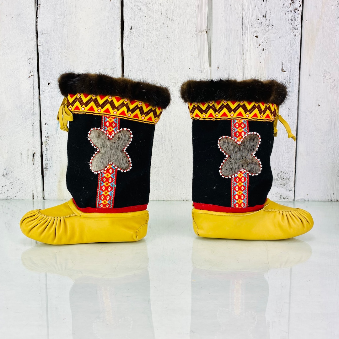 Nice Pair First Nations Moccasin Beaded and Leather and Fur - Etsy