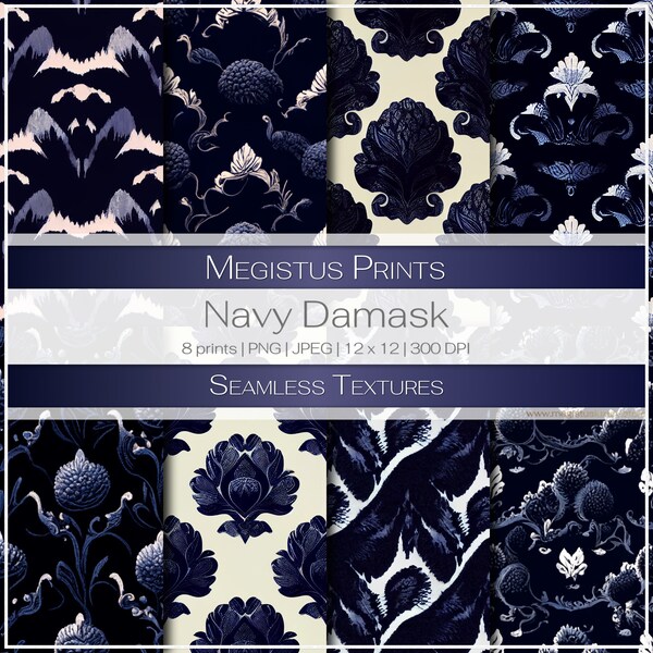 Navy Damask Art - Etsy