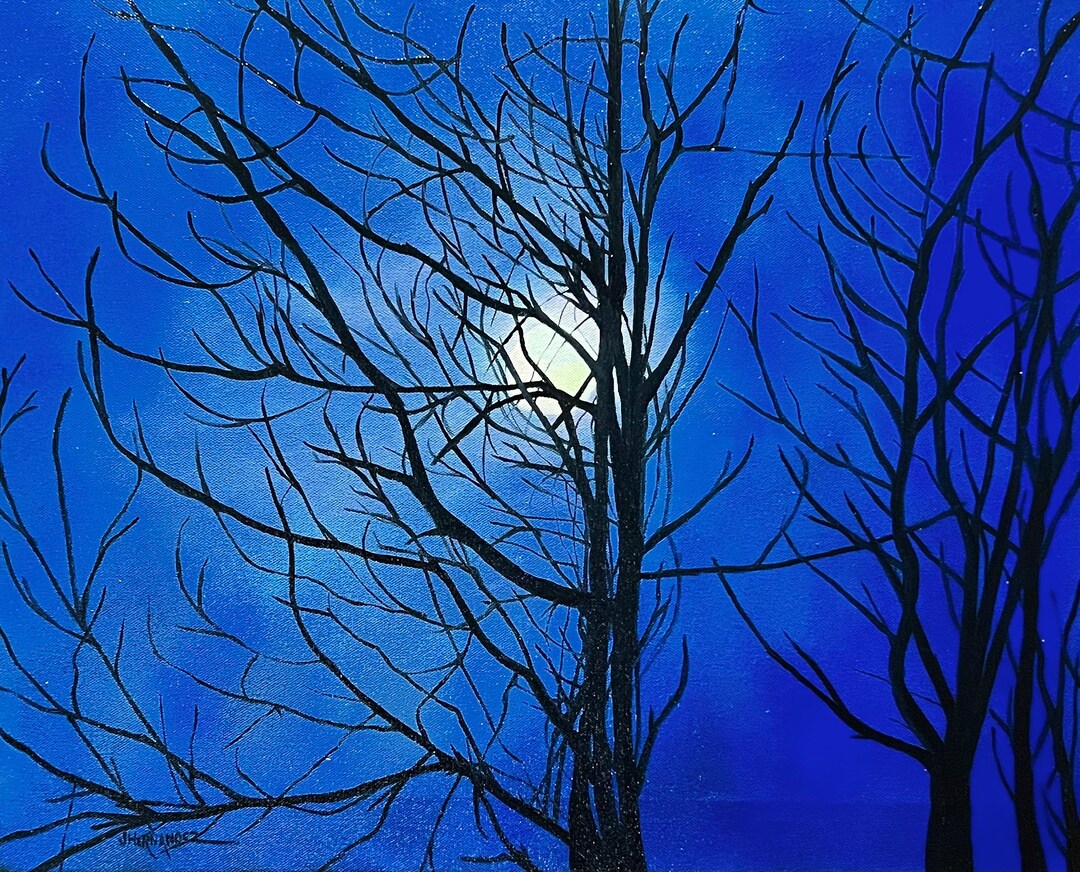 Hidden Moonlight Tree and Sky Painting…the Moon Peers From Behind the ...