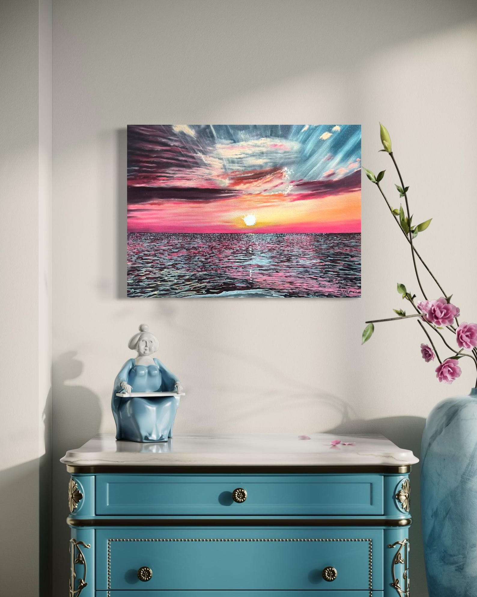 Fuchsia Sunset Stained Ocean Original Oil Painting…the Sea Blushes as ...