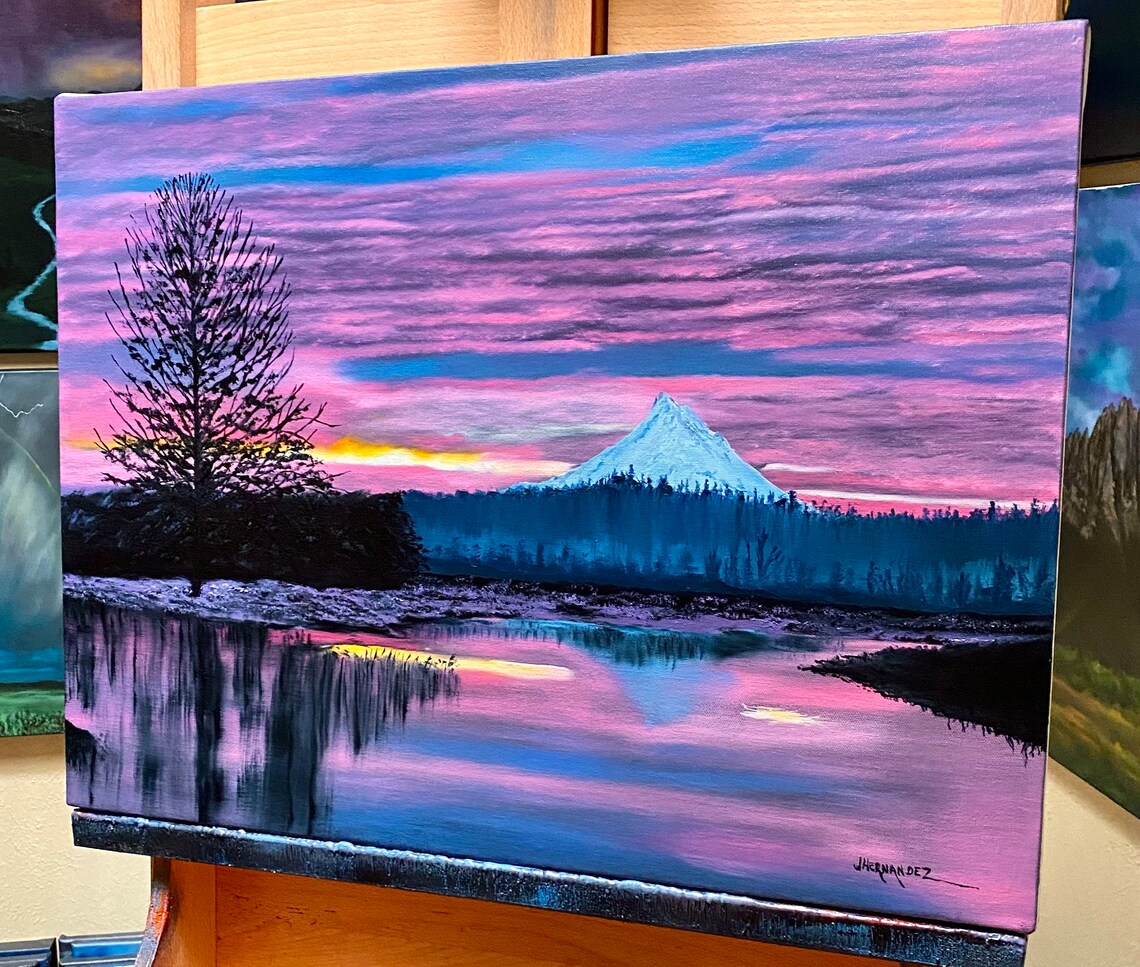 Mount Hood River Reflection Painting free Art Print With Painting ...