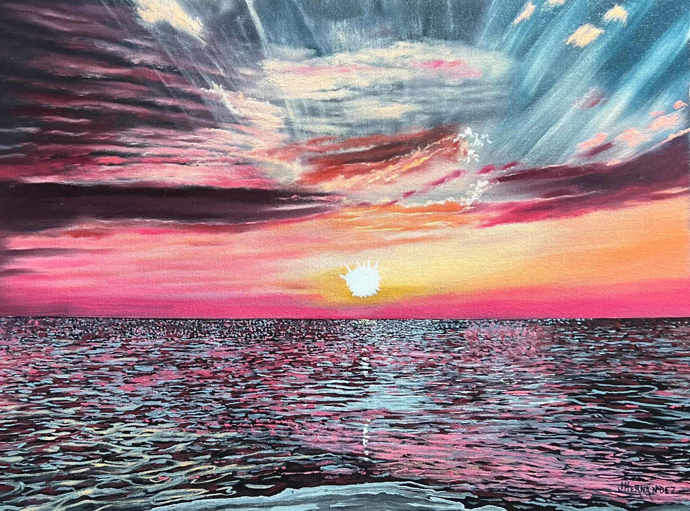 Fuchsia Sunset Stained Ocean Original Oil Painting…the Sea Blushes as ...