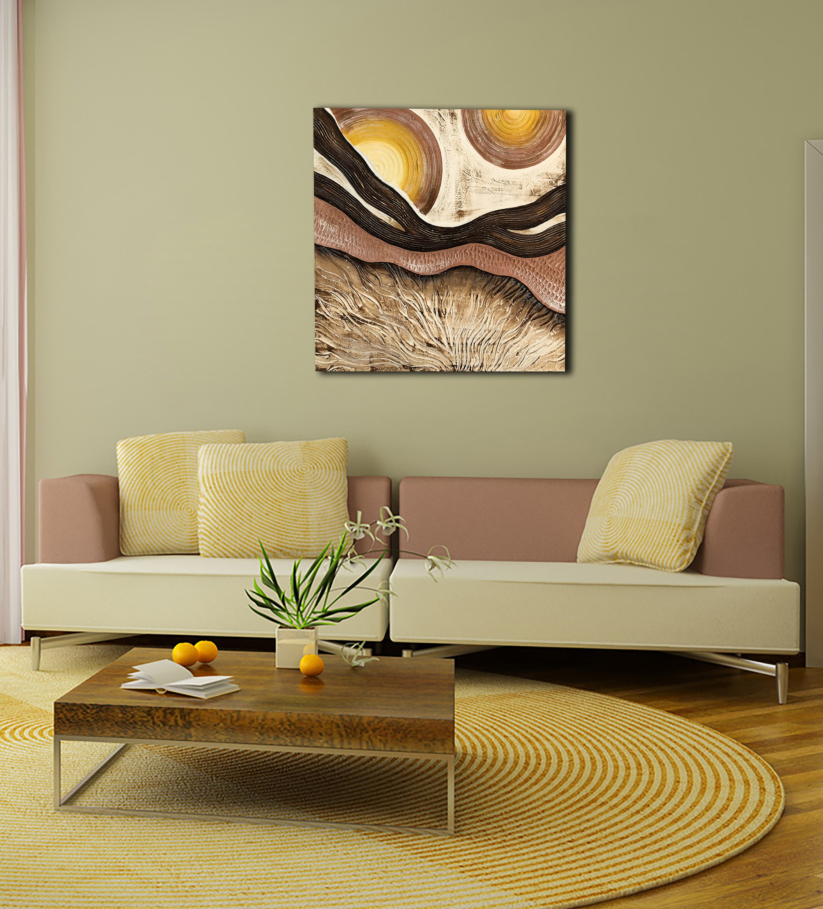 Abstract Desert Painting, Landscape, Mount, Sun, Oil on Canvas, 24'x24 ...
