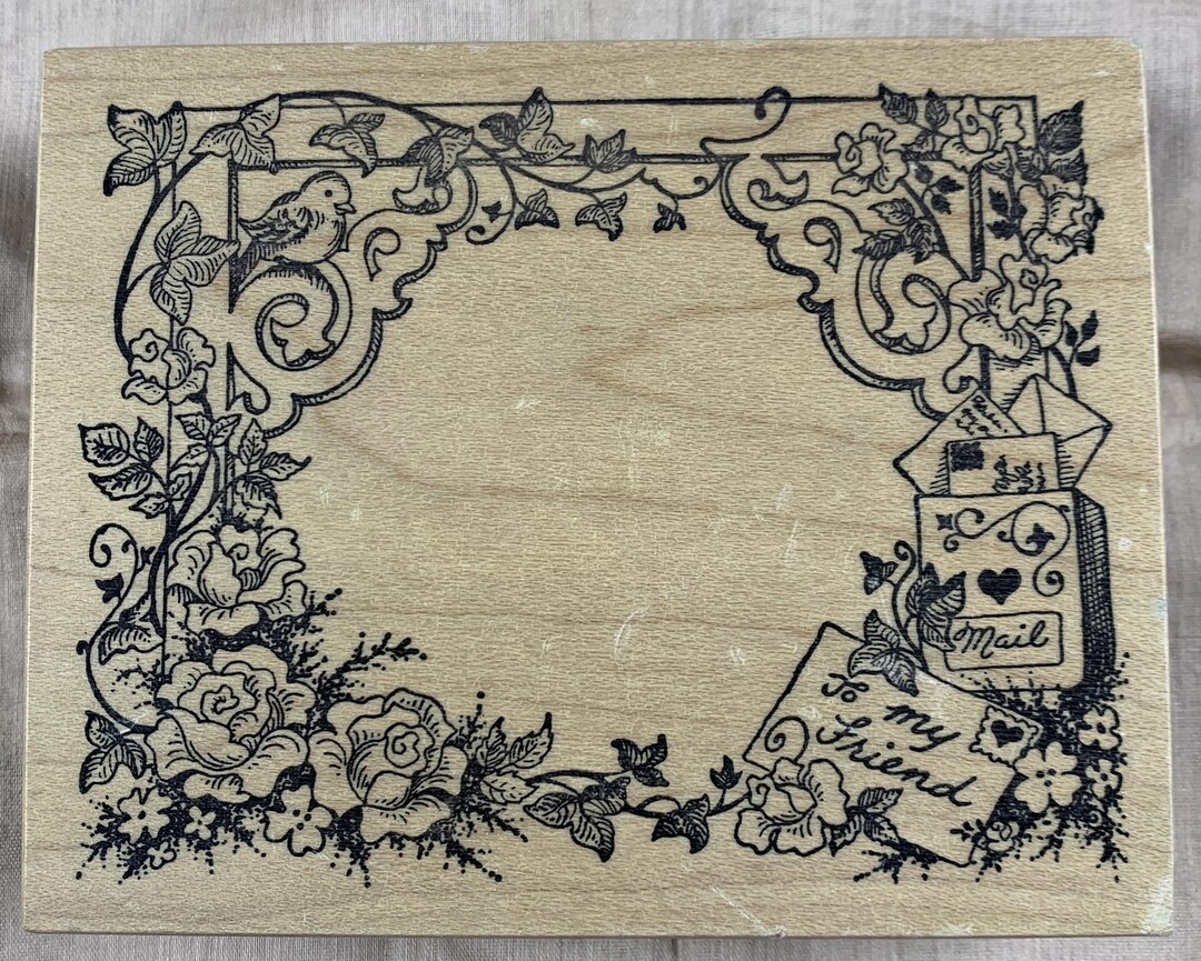 Valentine Floral Border / Frame. Vintage Rubber Stamp Birds, Hearts ...