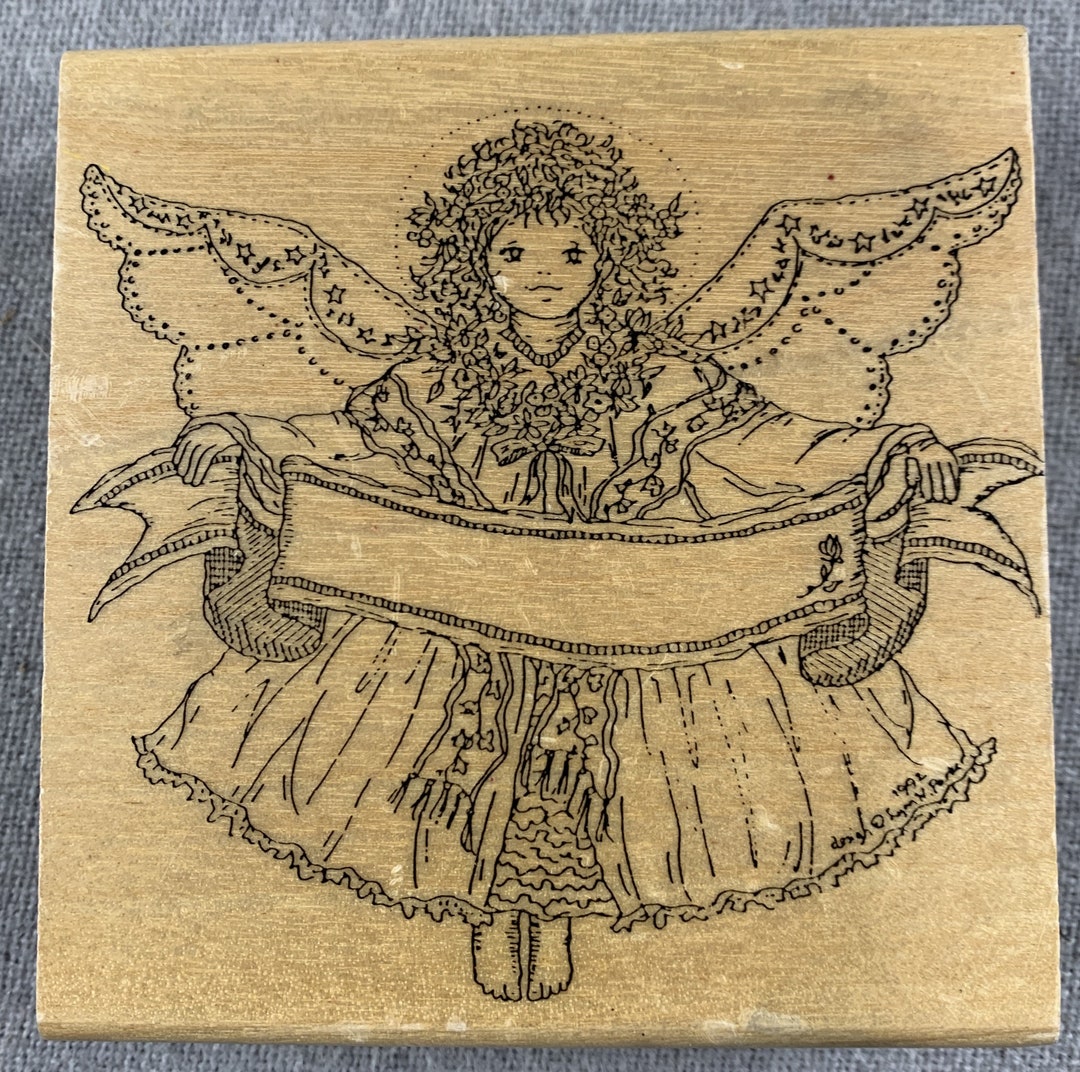Vintage Rubber Stamps, Angel With Blank Banner. Approx. 3-3/4"x3-3/4 ...