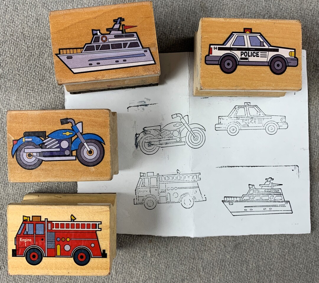 Vintage Rubber Stamps. Set of 4. Fire Engine, Police Car, Boat ...